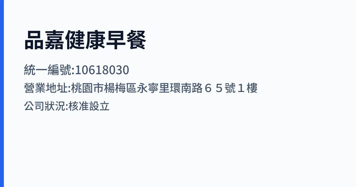 品嘉健康早餐 - 統編 10618030(桃園市) 公司登記資料與營業項目詳細圖表