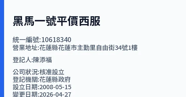 黑馬一號平價西服的照片-統編 10618340(花蓮縣) 公司登記資料與營業項目詳細圖表