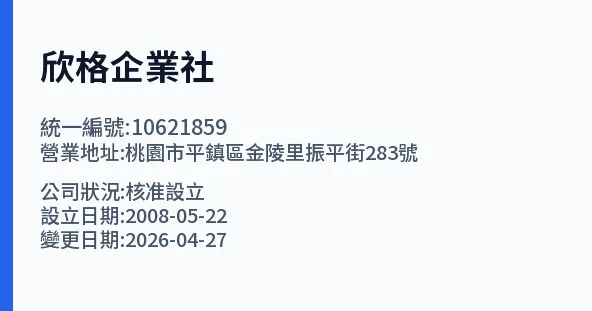 欣格企業社的照片-統編 10621859(桃園市) 公司登記資料與營業項目詳細圖表