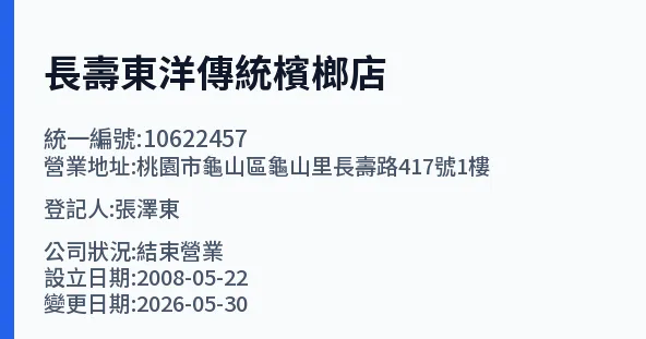 長壽東洋傳統檳榔店的照片-統編 10622457(桃園市) 公司登記資料與營業項目詳細圖表