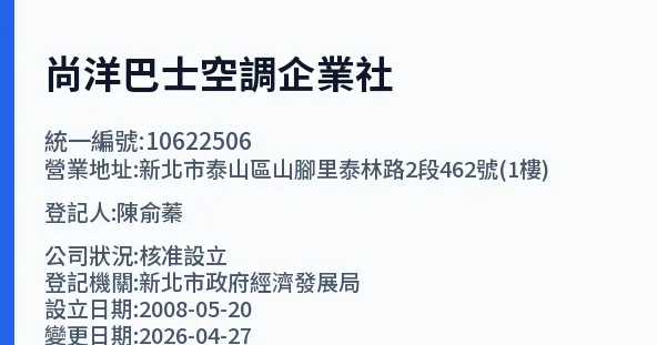 尚洋巴士空調企業社的照片-統編 10622506(新北市) 公司登記資料與營業項目詳細圖表