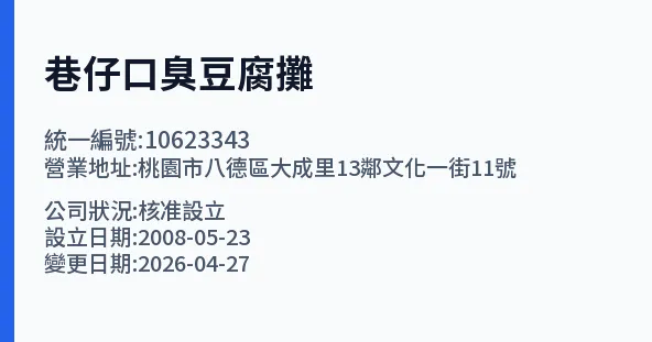 巷仔口臭豆腐攤的照片-統編 10623343(桃園市) 公司登記資料與營業項目詳細圖表