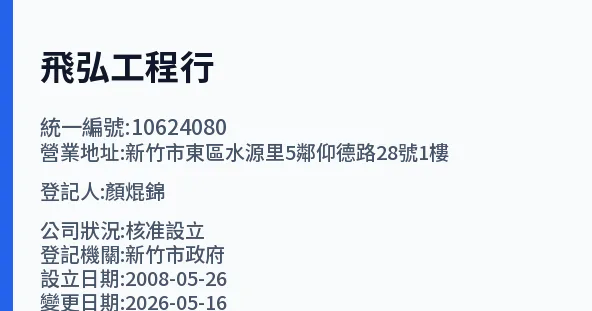 飛弘工程行的照片-統編 10624080(新竹市) 公司登記資料與營業項目詳細圖表