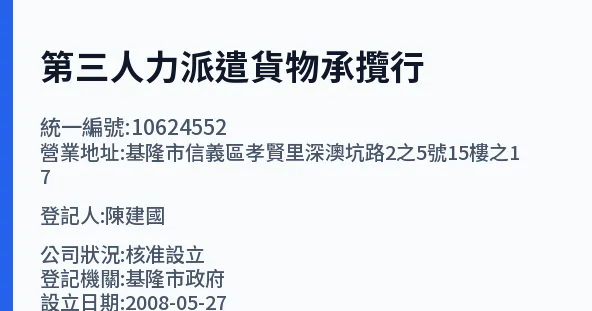 第三人力派遣貨物承攬行的照片-統編 10624552(基隆市) 公司登記資料與營業項目詳細圖表