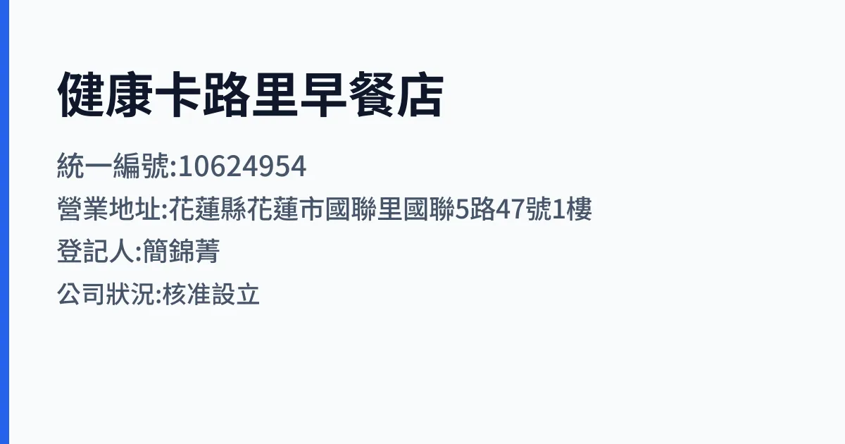 健康卡路里早餐店 - 統編 10624954(花蓮縣) 公司登記資料與營業項目詳細圖表