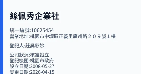 絲佩秀企業社的照片-統編 10625454(桃園市) 公司登記資料與營業項目詳細圖表