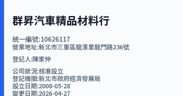 群昇汽車精品材料行的照片-統編 10626117(新北市) 公司登記資料與營業項目詳細圖表