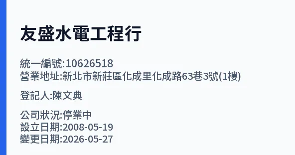 友盛水電工程行的照片-統編 10626518(新北市) 公司登記資料與營業項目詳細圖表