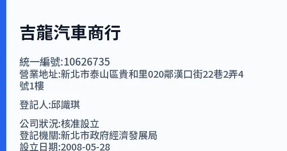 吉龍汽車商行的照片-統編 10626735(新北市) 公司登記資料與營業項目詳細圖表
