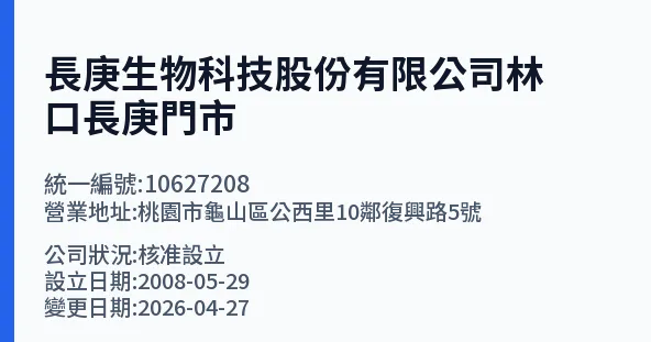 長庚生物科技股份有限公司林口長庚門市的照片-統編 10627208(桃園市) 公司登記資料與營業項目詳細圖表