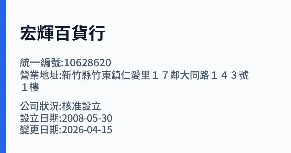 宏輝百貨行的照片-統編 10628620(新竹縣) 公司登記資料與營業項目詳細圖表