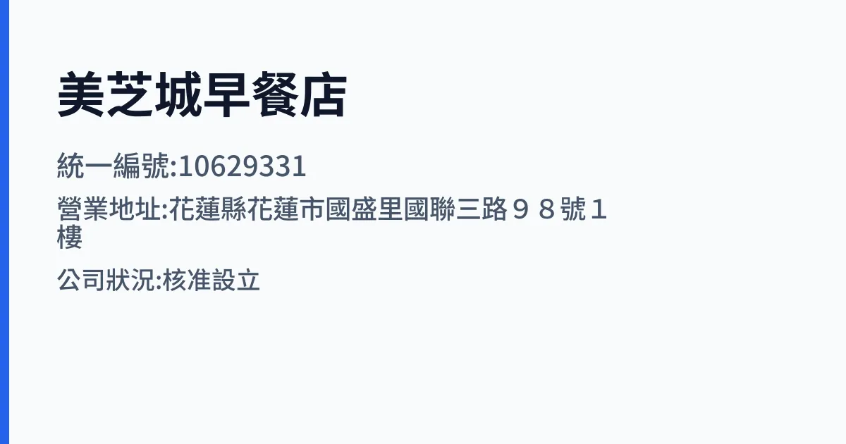 美芝城早餐店 - 統編 10629331(花蓮縣) 公司登記資料與營業項目詳細圖表