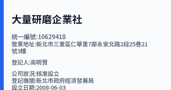 大量研磨企業社的照片-統編 10629418(新北市) 公司登記資料與營業項目詳細圖表