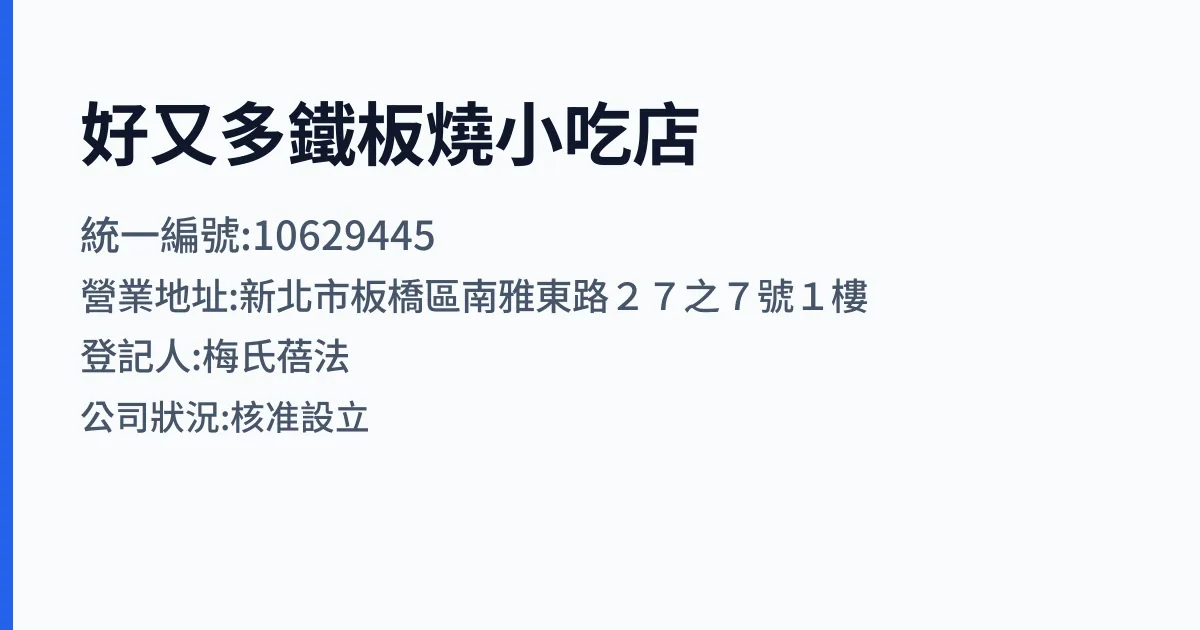好又多鐵板燒小吃店 - 統編 10629445(新北市) 公司登記資料與營業項目詳細圖表