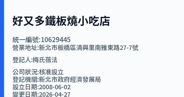 好又多鐵板燒小吃店的照片-統編 10629445(新北市) 公司登記資料與營業項目詳細圖表