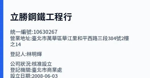 立勝鋼鐵工程行的照片-統編 10630267(臺北市) 公司登記資料與營業項目詳細圖表