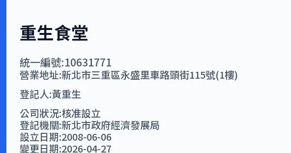重生食堂的照片-統編 10631771(新北市) 公司登記資料與營業項目詳細圖表