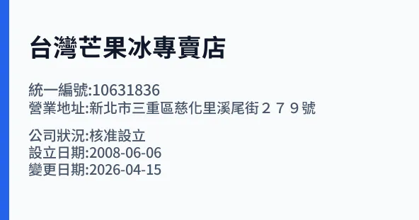 台灣芒果冰專賣店的照片-統編 10631836(新北市) 公司登記資料與營業項目詳細圖表