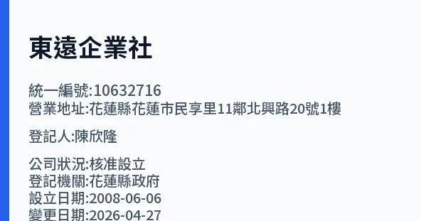 東遠企業社的照片-統編 10632716(花蓮縣) 公司登記資料與營業項目詳細圖表