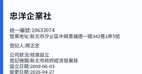 忠洋企業社的照片-統編 10633074(新北市) 公司登記資料與營業項目詳細圖表