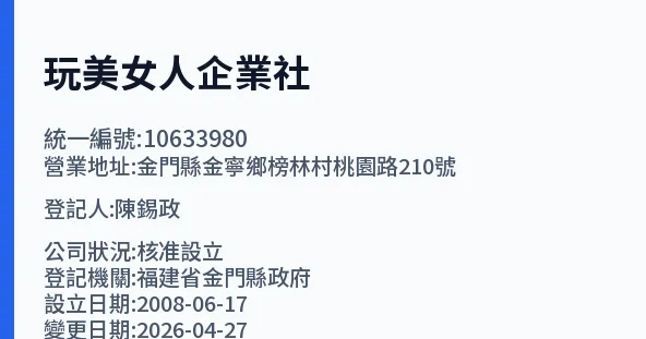 玩美女人企業社的照片-統編 10633980(金門縣) 公司登記資料與營業項目詳細圖表