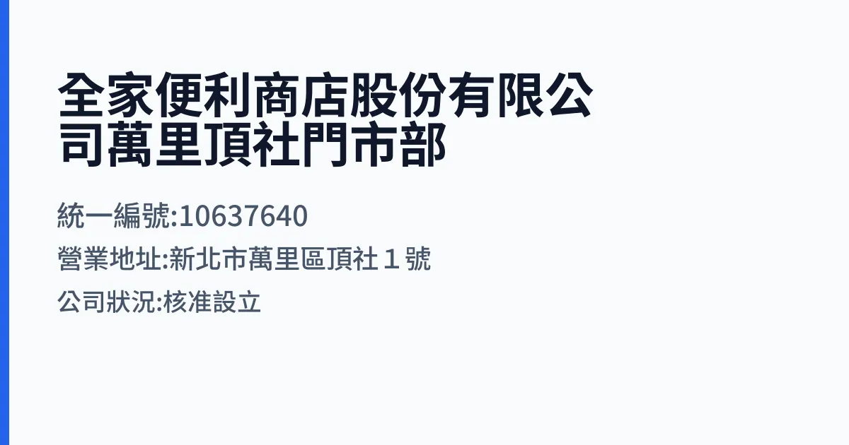 全家便利商店股份有限公司萬里頂社門市部 - 統編 10637640(新北市) 公司登記資料與營業項目詳細圖表