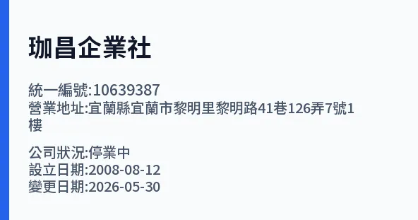 珈昌企業社的照片-統編 10639387(宜蘭縣) 公司登記資料與營業項目詳細圖表