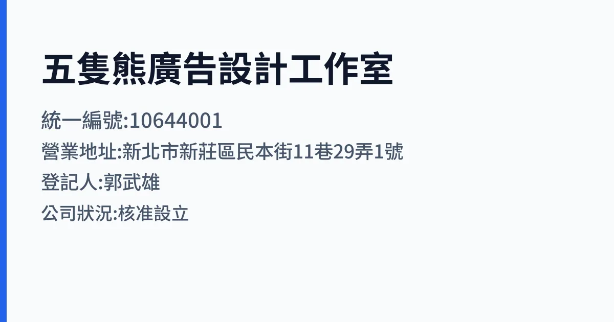五隻熊廣告設計工作室 - 統編 10644001(新北市) 公司登記資料與營業項目詳細圖表