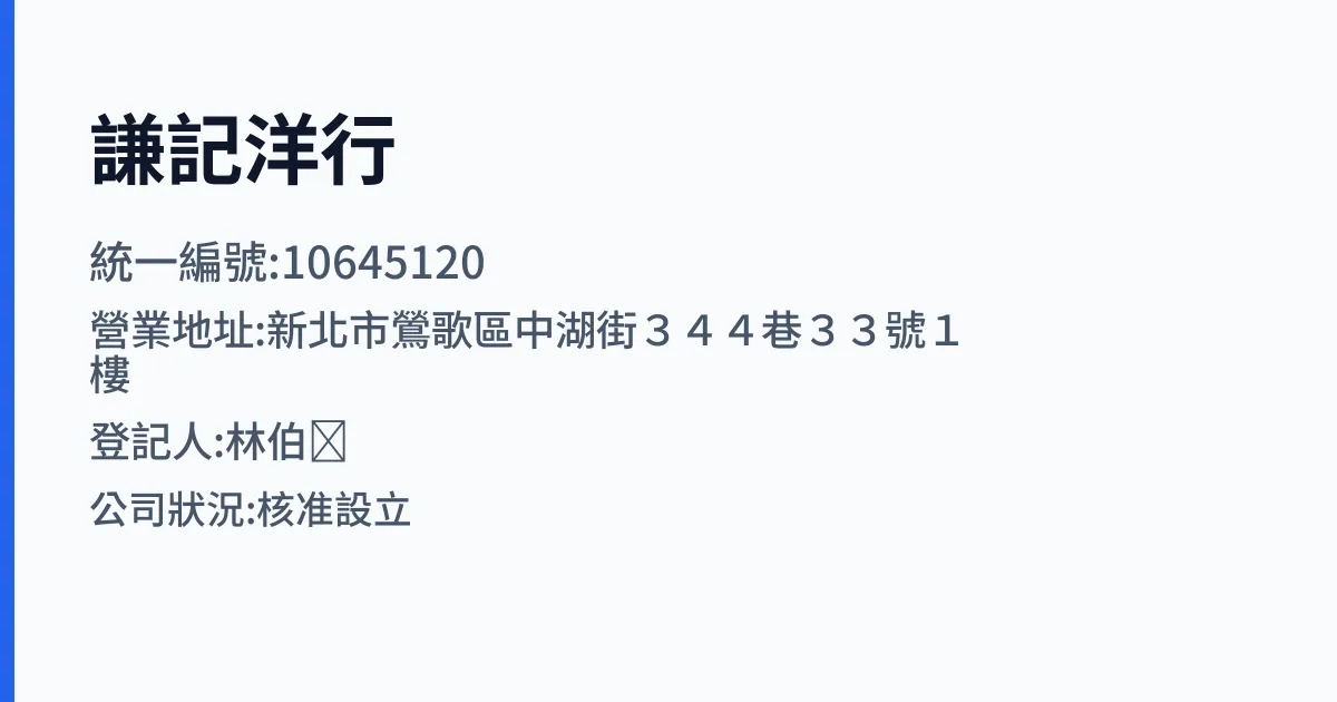 謙記洋行 - 統編 10645120(新北市) 公司登記資料與營業項目詳細圖表