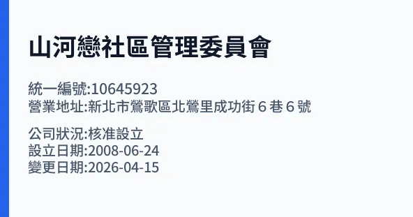 山河戀社區管理委員會的照片-統編 10645923(新北市) 公司登記資料與營業項目詳細圖表