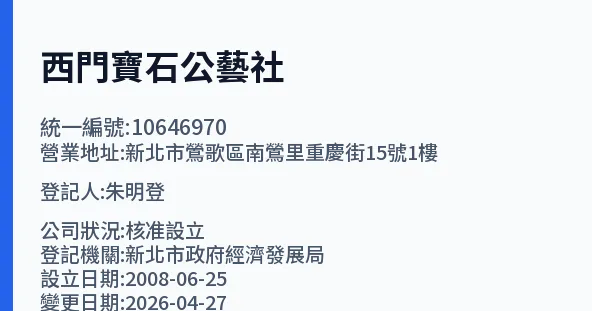 西門寶石公藝社的照片-統編 10646970(新北市) 公司登記資料與營業項目詳細圖表