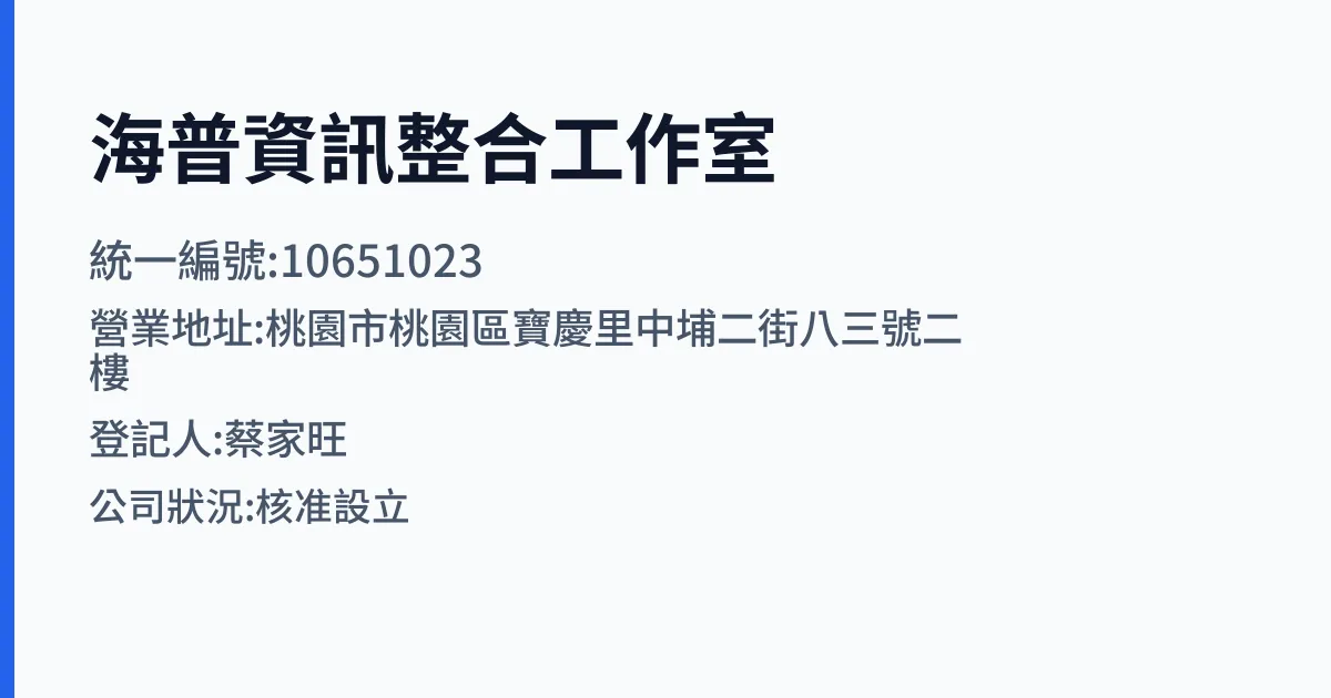 海普資訊整合工作室 - 統編 10651023(桃園市) 公司登記資料與營業項目詳細圖表