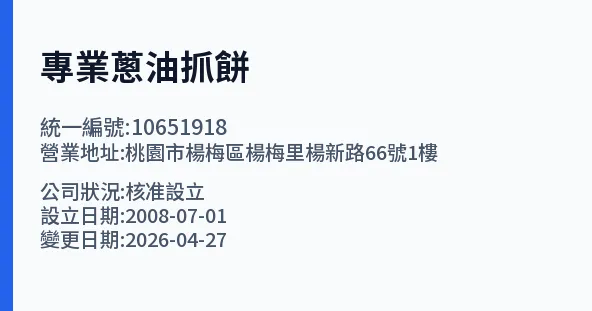 專業蔥油抓餅的照片-統編 10651918(桃園市) 公司登記資料與營業項目詳細圖表