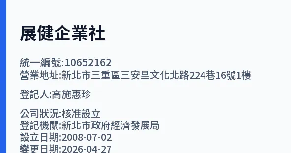 展健企業社的照片-統編 10652162(新北市) 公司登記資料與營業項目詳細圖表