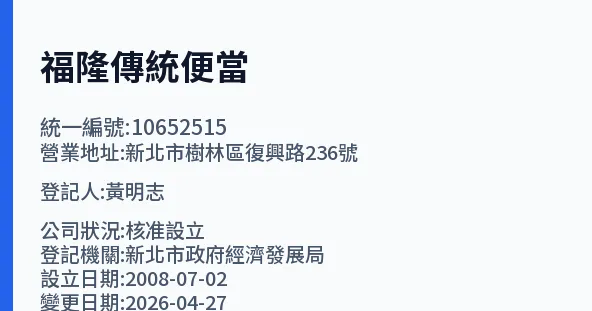 福隆傳統便當的照片-統編 10652515(新北市) 公司登記資料與營業項目詳細圖表