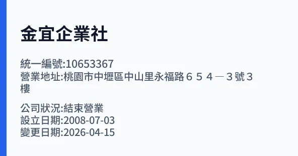 金宜企業社的照片-統編 10653367(桃園市) 公司登記資料與營業項目詳細圖表