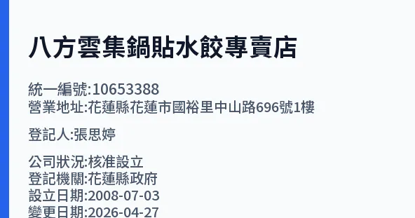 八方雲集鍋貼水餃專賣店的照片-統編 10653388(花蓮縣) 公司登記資料與營業項目詳細圖表