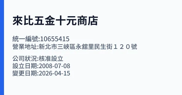 來比五金十元商店的照片-統編 10655415(新北市) 公司登記資料與營業項目詳細圖表