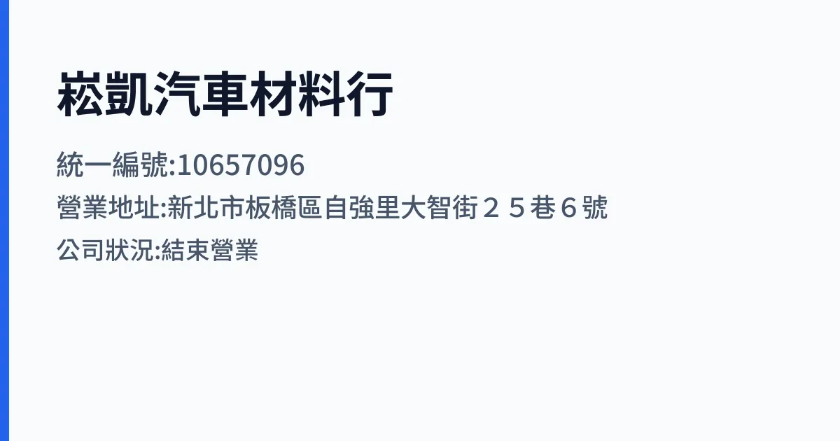 崧凱汽車材料行 - 統編 10657096（新北市） 公司登記資料與營業項目詳細圖表