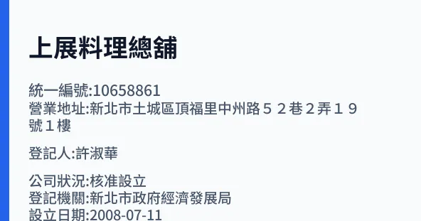 上展料理總舖的照片-統編 10658861(新北市) 公司登記資料與營業項目詳細圖表