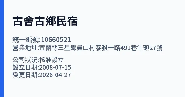 古舍古鄉民宿的照片-統編 10660521(宜蘭縣) 公司登記資料與營業項目詳細圖表