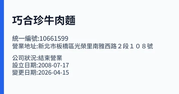 巧合珍牛肉麵的照片-統編 10661599(新北市) 公司登記資料與營業項目詳細圖表