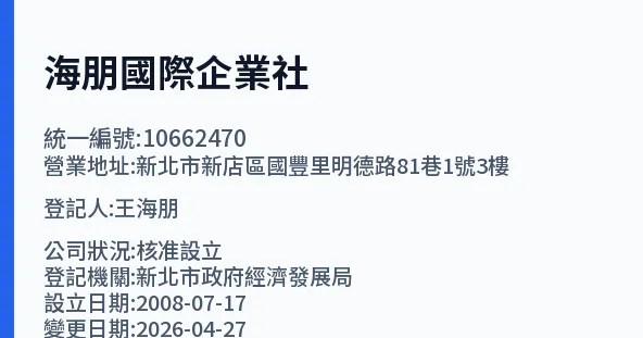 海朋國際企業社的照片-統編 10662470(新北市) 公司登記資料與營業項目詳細圖表