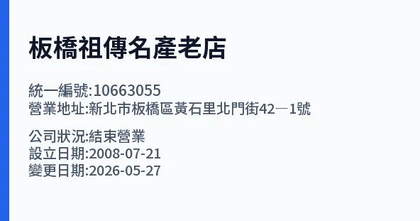 板橋祖傳名產老店的照片-統編 10663055(新北市) 公司登記資料與營業項目詳細圖表