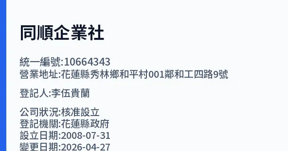 同順企業社的照片-統編 10664343(花蓮縣) 公司登記資料與營業項目詳細圖表