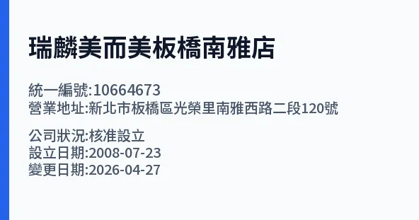 瑞麟美而美板橋南雅店的照片-統編 10664673(新北市) 公司登記資料與營業項目詳細圖表