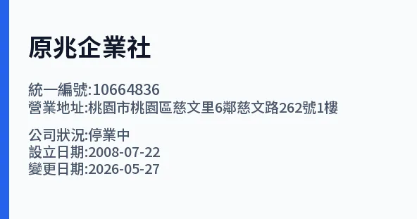 原兆企業社的照片-統編 10664836(桃園市) 公司登記資料與營業項目詳細圖表