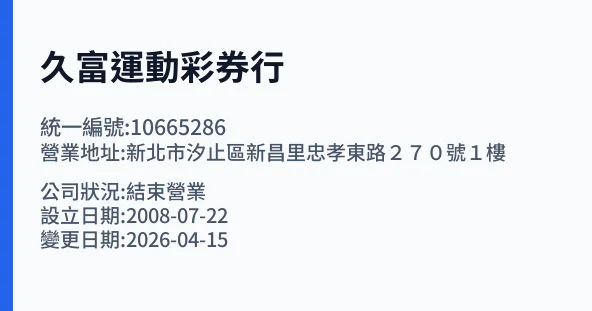 久富運動彩券行的照片-統編 10665286(新北市) 公司登記資料與營業項目詳細圖表