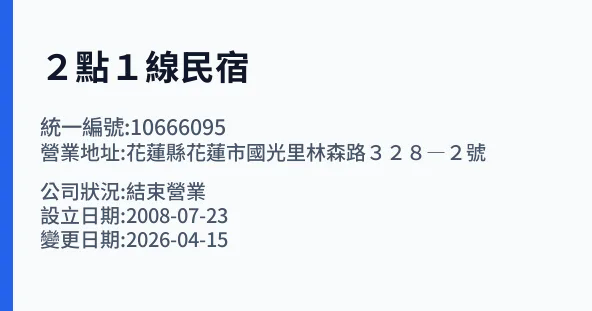 ２點１線民宿的照片-統編 10666095(花蓮縣) 公司登記資料與營業項目詳細圖表