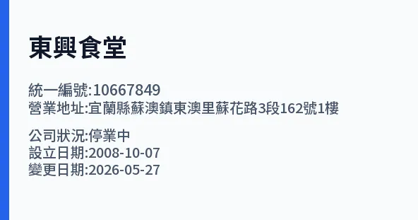 東興食堂的照片-統編 10667849(宜蘭縣) 公司登記資料與營業項目詳細圖表